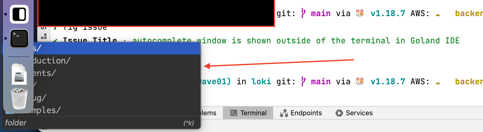 autocomplete window is shown outside of the terminal in Goland IDE · Issue #2051 · withfig/fig ...