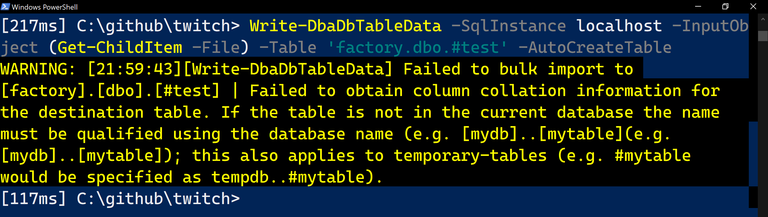 [Bug] Write-DbaDbTableData doesn't work with temp tables · Issue #7459 · dataplat/dbatools · GitHub