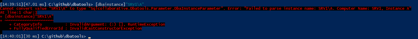 Cannot process argument transformation on parameter 'SqlInstance'. Cannot convert value to type ...