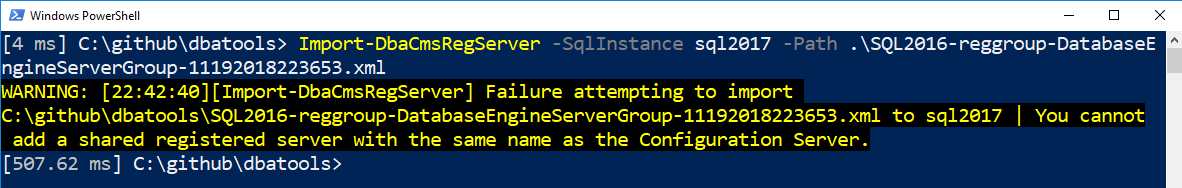 Import Dbaregisteredserver Fails In A Weird Way When Import File Contains Data Already Present
