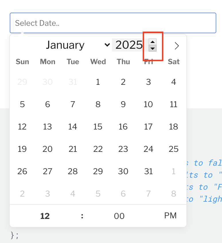 It doesn't show the up-down arrows next to Year · Issue #2501 · flatpickr/flatpickr · GitHub