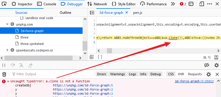 TypeError: nodeThreeObject.clone() is not a function · Issue #599 · vasturiano/3d-force-graph ...