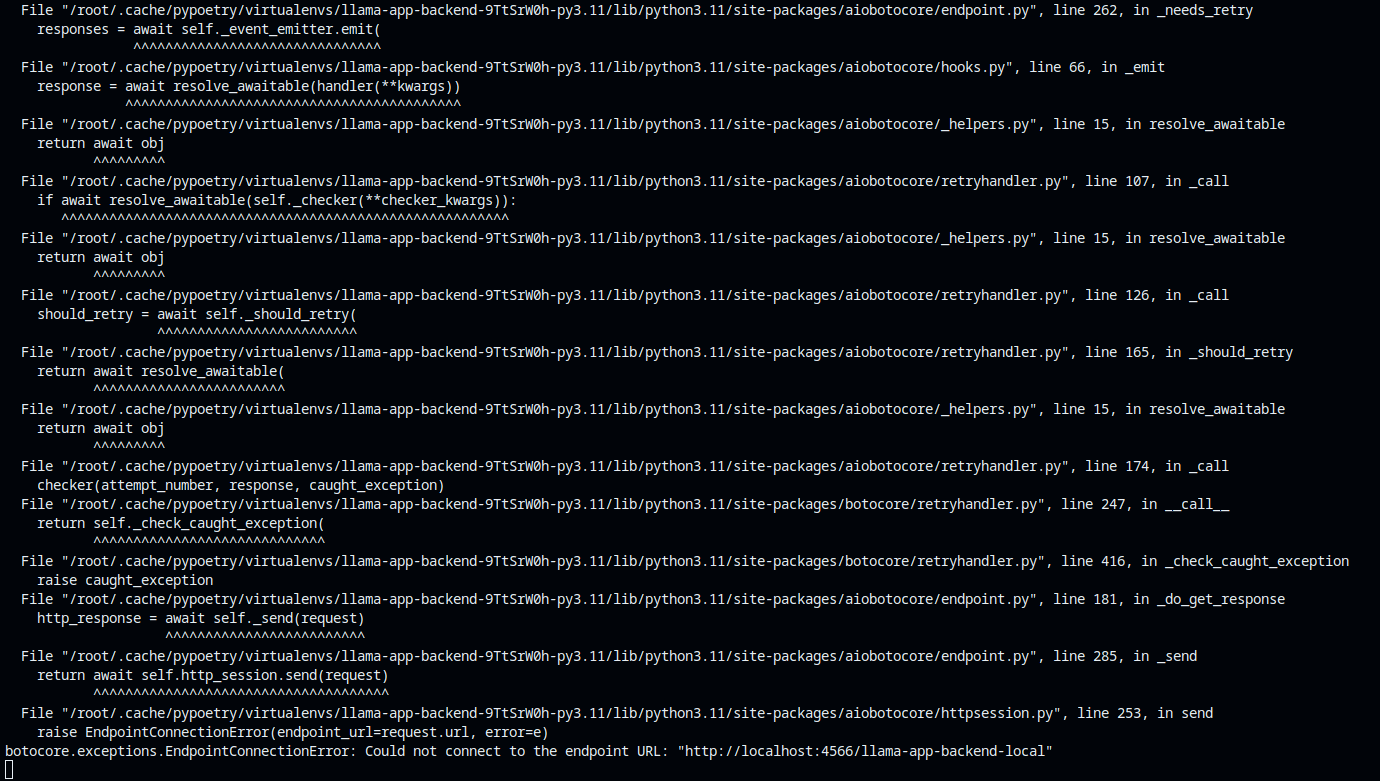Could not connect to the endpoint URL: "http://localhost:4566/llama-app-backend-local" · Issue ...