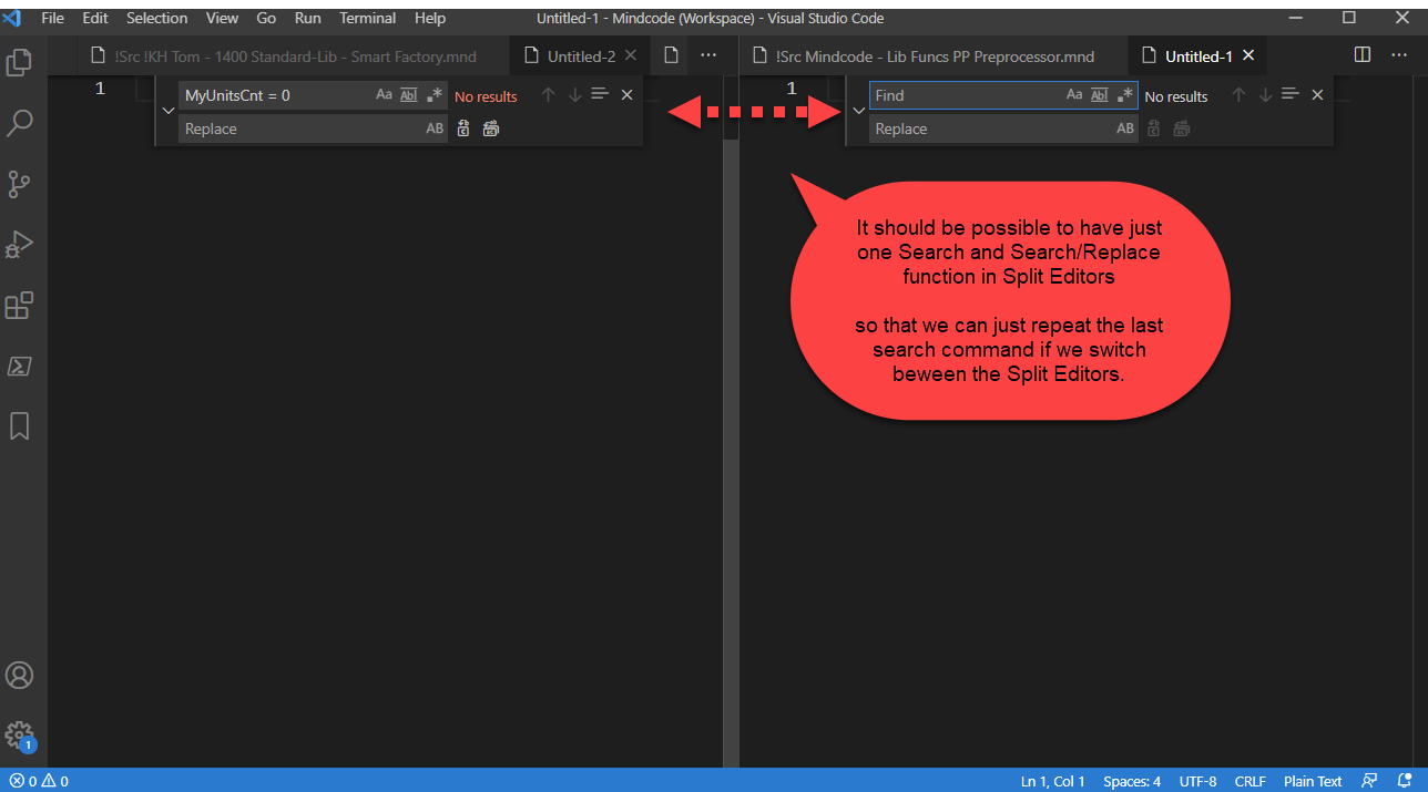 Split Editor: Should (optionally) share the search / and search/replace dialog · Issue #120469 ...