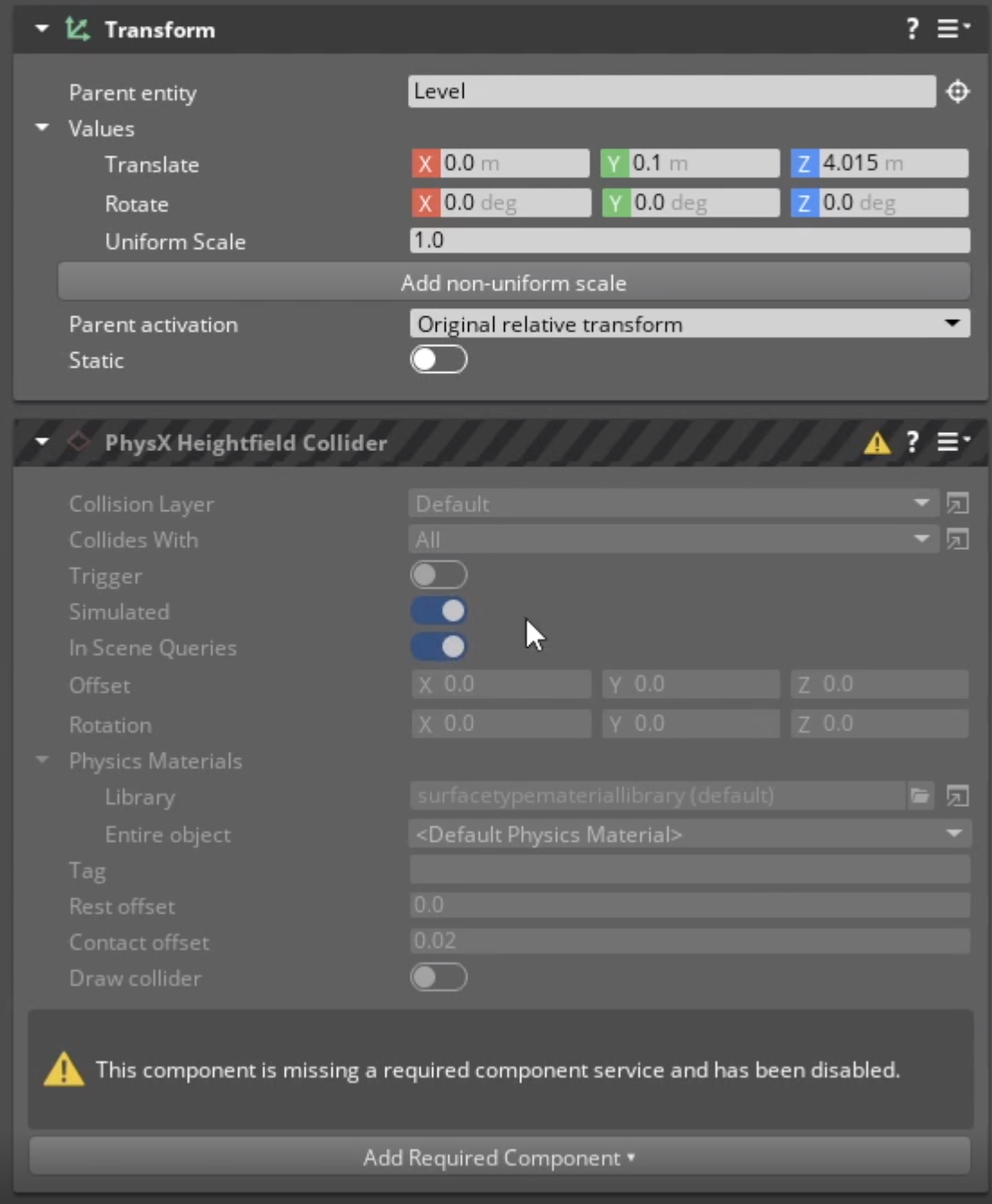 PhysX Heightfield Collider component has different properties before adding required components ...