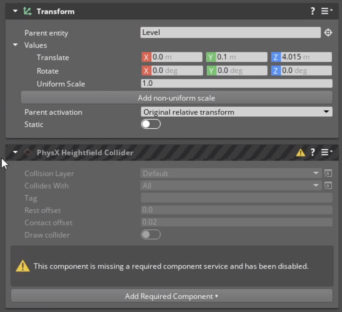 PhysX Heightfield Collider component has different properties before adding required components ...