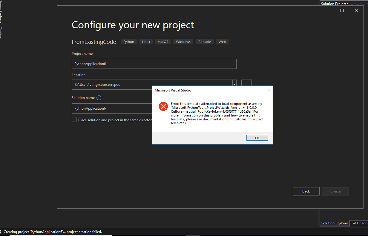 Error Pops Up When Creating A New Project From Existing Python Code · Issue 6526 · Microsoft