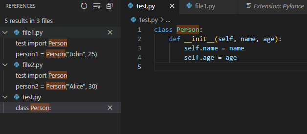 Finding all references to the __init__ function and the class name ...