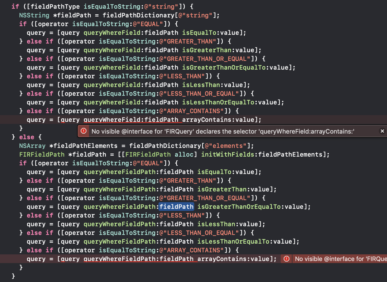 Error on build: No visible @interface for 'FIRQuery' declares the selector 'queryWhereFieldPath ...