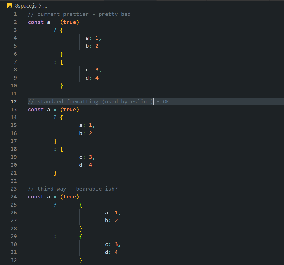 Incorrect indentation on ternary operator with object literal · Issue #4203 · prettier/prettier ...