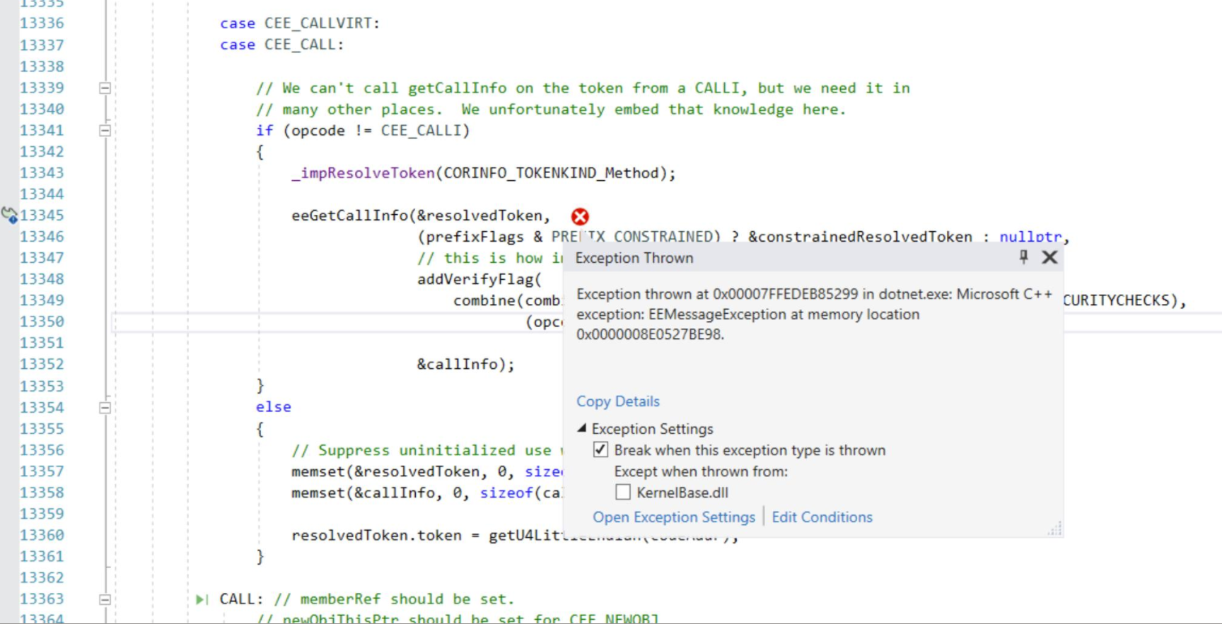 JIT EEMessageException thrown in clrjit.dll!Compiler ...