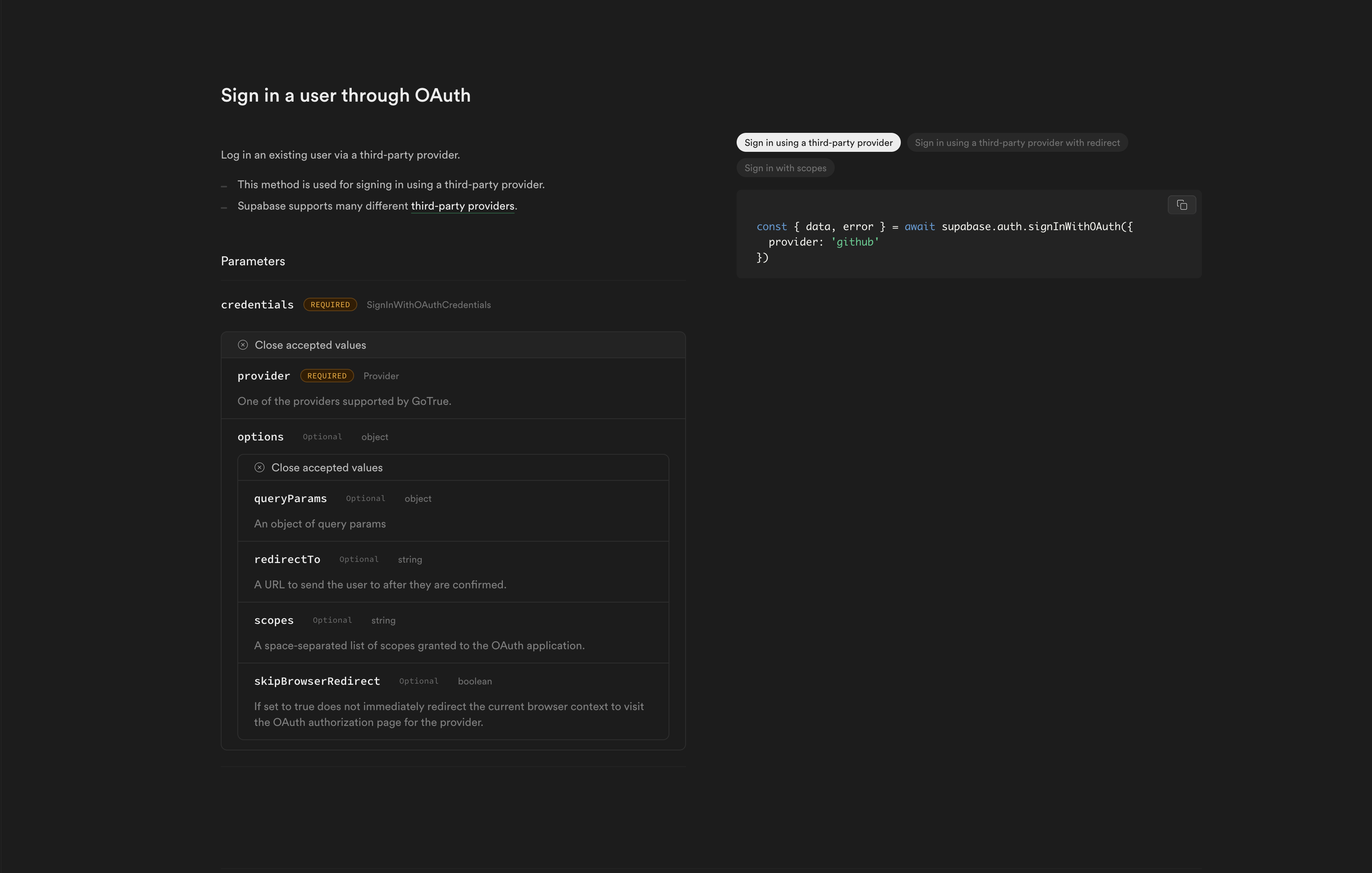 Docs Credentials Parameters Not Shown Correctly In Reference Docs · Issue 13828 · Supabase