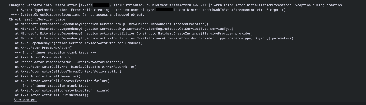 Akka.DependencyInjection failed to instantiate actor because IServiceProvider was disposed ...