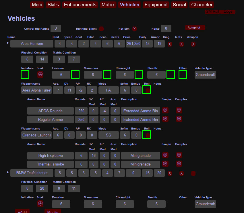 Shadowrun 5th Edition (Advanced): Vehicles-Tab > Dice Buttons disappear when switching to ...