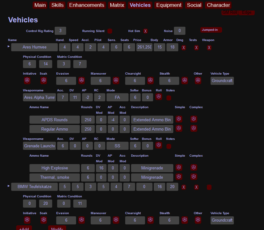 Shadowrun 5th Edition (Advanced): Vehicles-Tab > Dice Buttons disappear when switching to ...