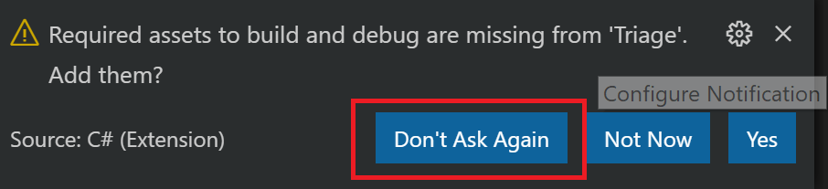 Need documentation on how to disable popup "Required assets to build and debug are missing ...