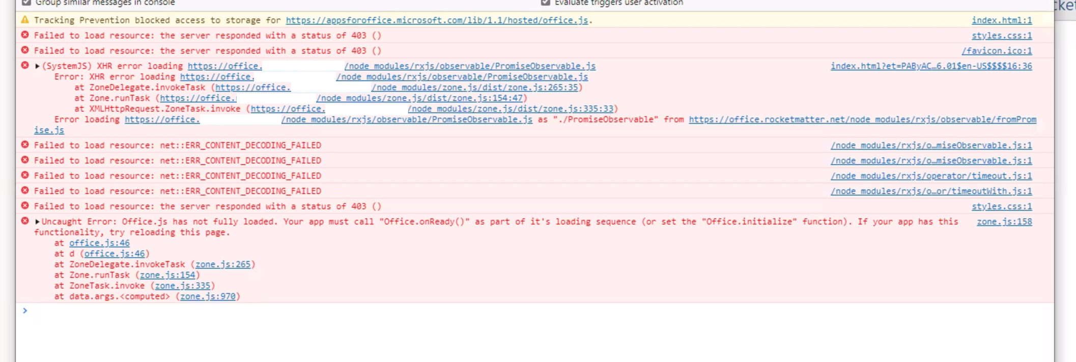 Custom Word and Outlook add-ins are not loading for 2 specific users with Angular2 SystemJS ...