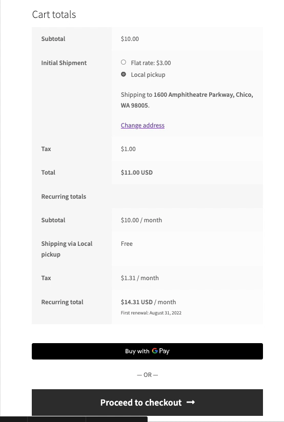 Flat rate and local pickup shipping methods for WCPay Subscriptions products can result in ...