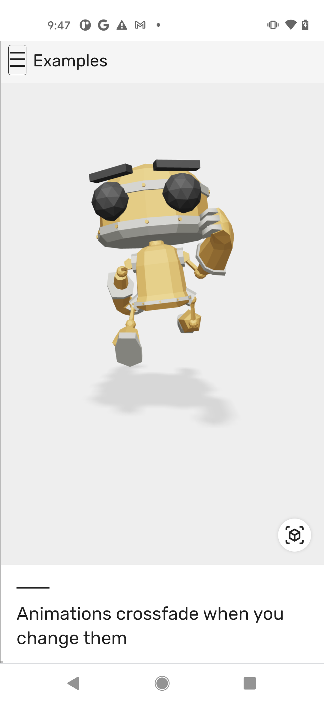 [Model viewer testing]No options provided to check Animation crossfade ...