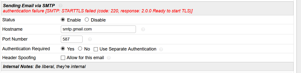 authentication failure [SMTP: STARTTLS failed (code: 220, response: 2.0.0 Ready to start TLS ...