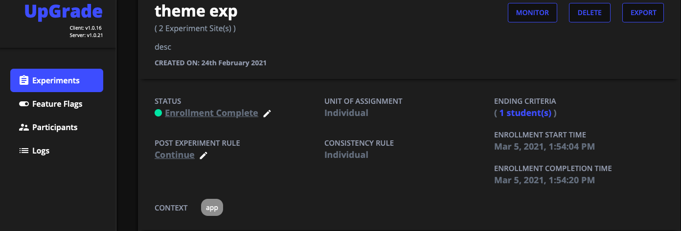 Experiment enrollment status and History on dashboard · Issue #25 · CarnegieLearningWeb/UpGrade ...