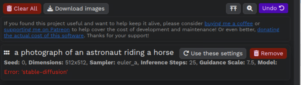 After successful installation and ready to generate the first image it prompts the following ...