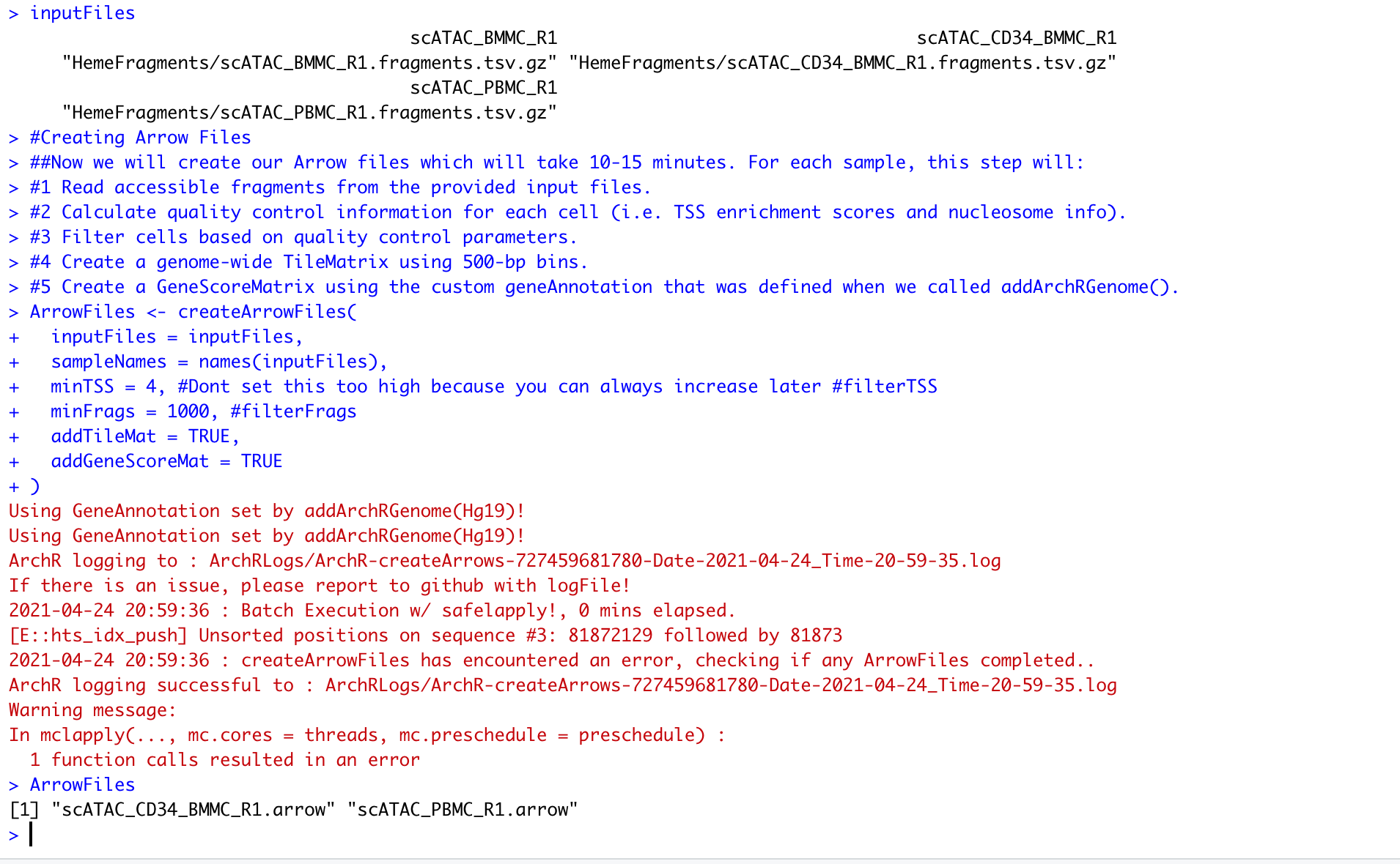 One ArrowFiles missed after createArrowFiles · Issue #713 · GreenleafLab/ArchR · GitHub