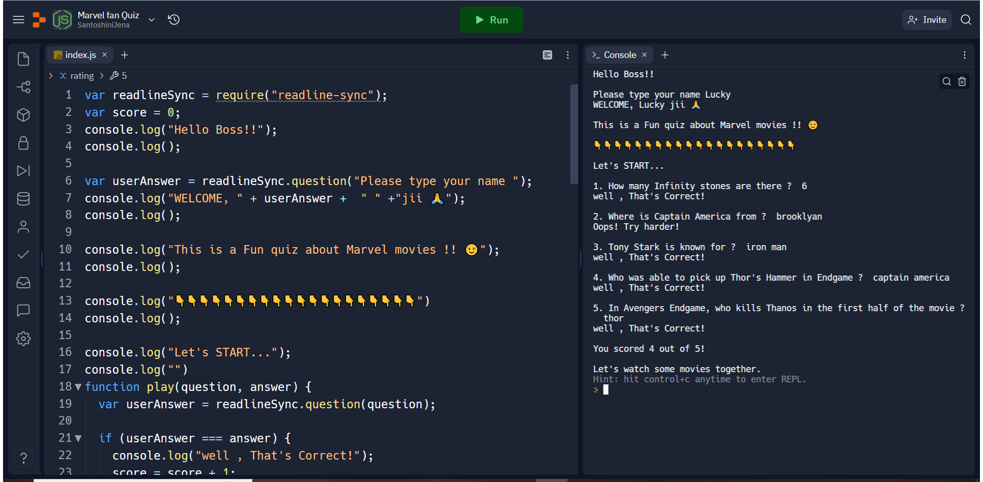 GitHub - santoshinij7/Marvel-fan-quiz: A fandom-quiz CLI app made using Nodejs