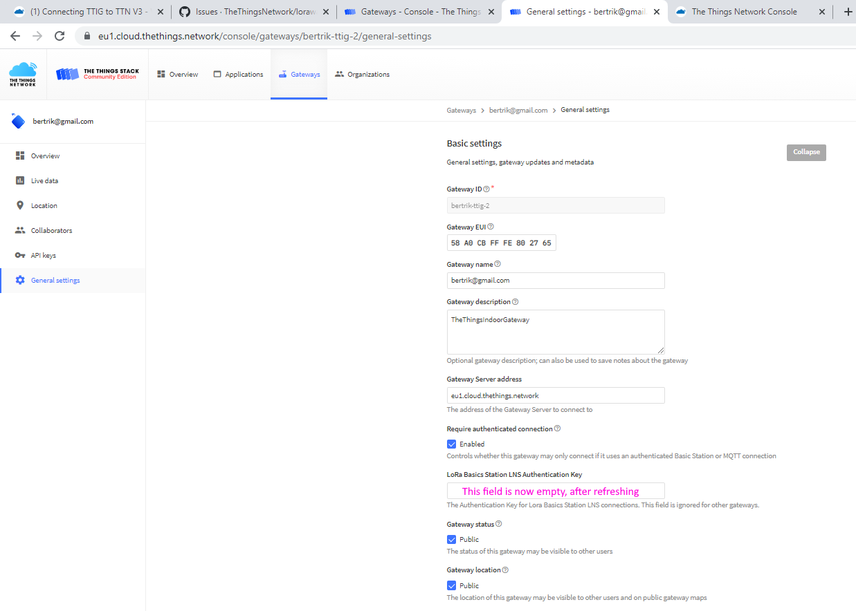 Gateway console field 'LoRa Basics Station LNS Authentication Key' is empty after recovering ...