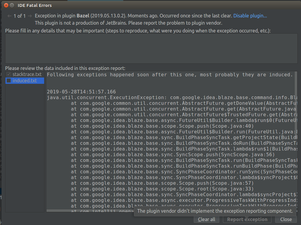 Add support to report exceptions · Issue #841 · bazelbuild/intellij · GitHub
