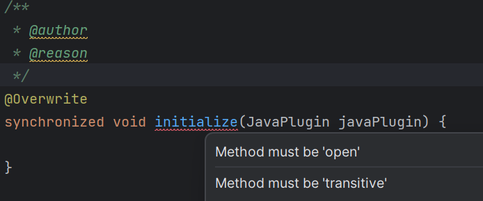 @Overwrite on synchronized method · Issue #2034 · minecraft-dev/MinecraftDev · GitHub