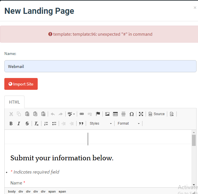 Landing Page Error Template 96 Unexpected In Command Issue 