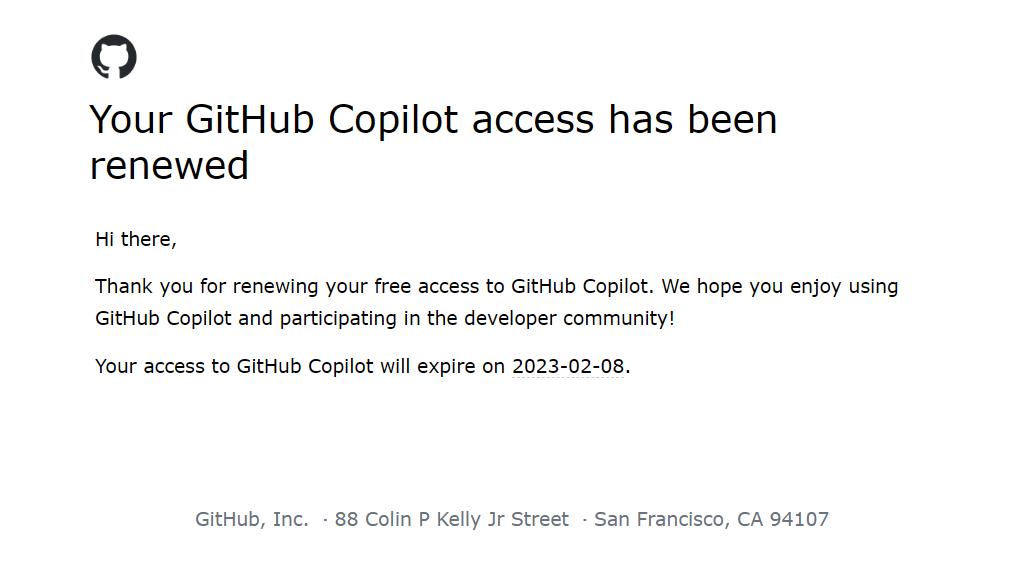 "Thank you for participating in the GitHub Copilot Technical Preview ...