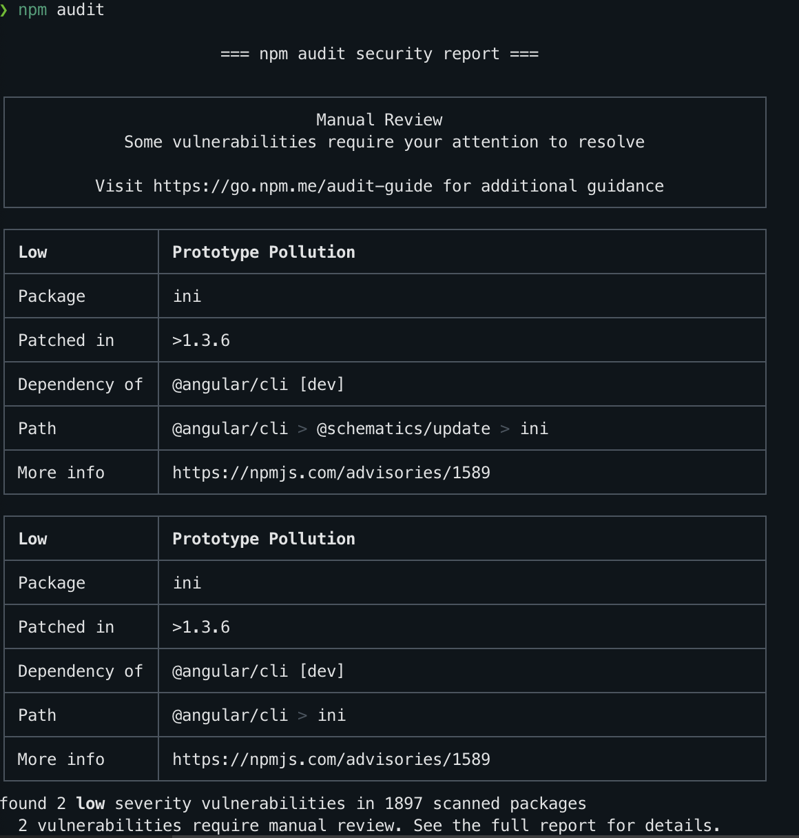 ini package causing npm audit to return Low severity vulnerability ini package causing npm audit to return Low severity vulnerability
