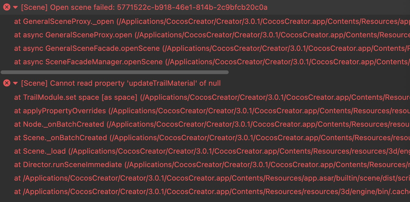 [3.0.1] 3D粒子拖尾模块修改坐标系运行时会报错并导致场景文件损坏 · Issue #8388 · cocos/cocos-engine · GitHub