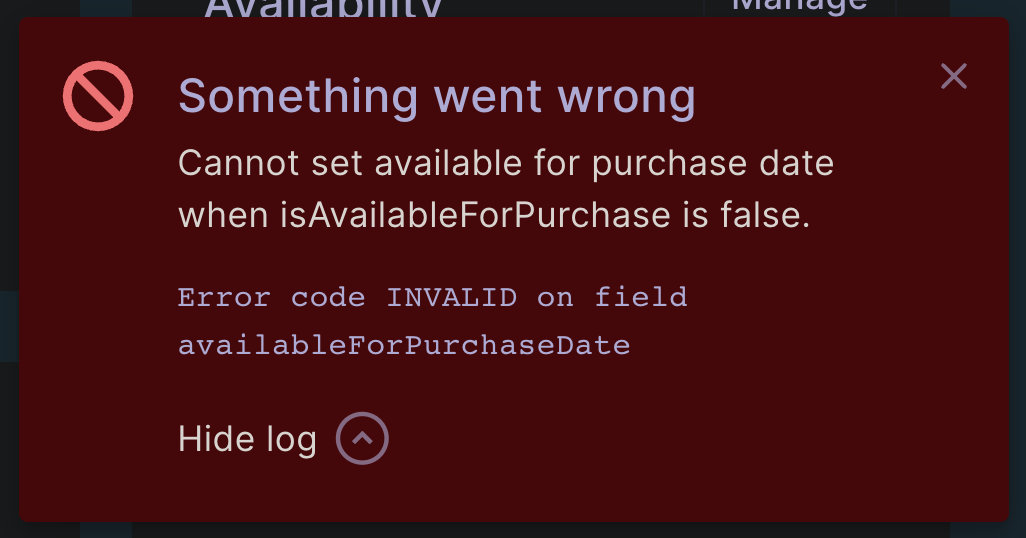 Error while setting Available For Purchase date on Product · Issue ...