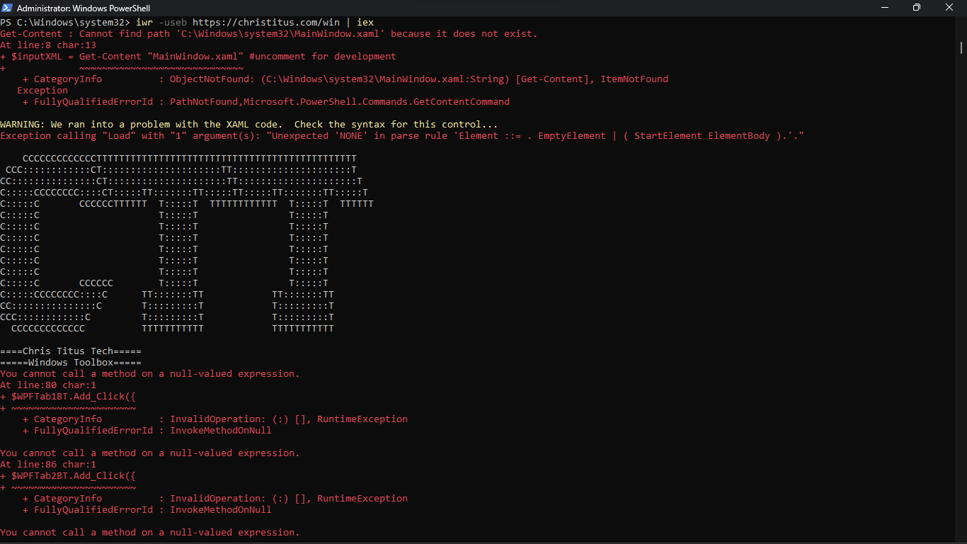 Error when trying to execute in PowerShell (Null Value) · Issue #241 · ChrisTitusTech/winutil ...