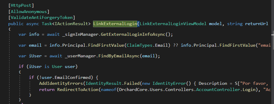 OrchardCore.Users LinkExternalLogin [POST] signs-in users when email is ...
