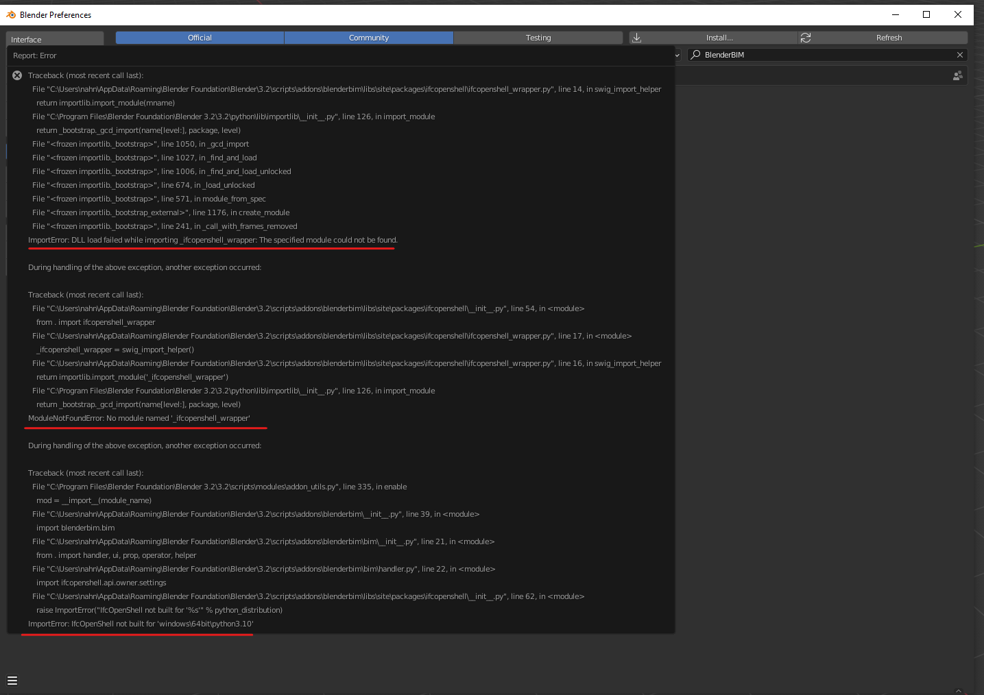 Error when installing: blenderbim-220711-py39-win · Issue #2281 · IfcOpenShell/IfcOpenShell · GitHub