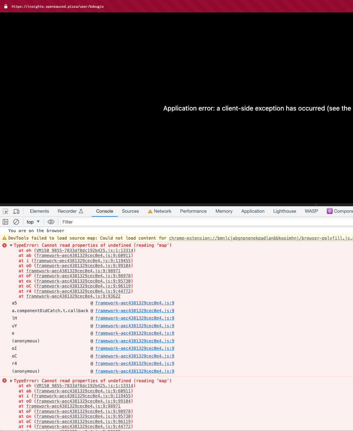 Bug: User profile page throws Application error (cannot read property of undefined: reading map ...