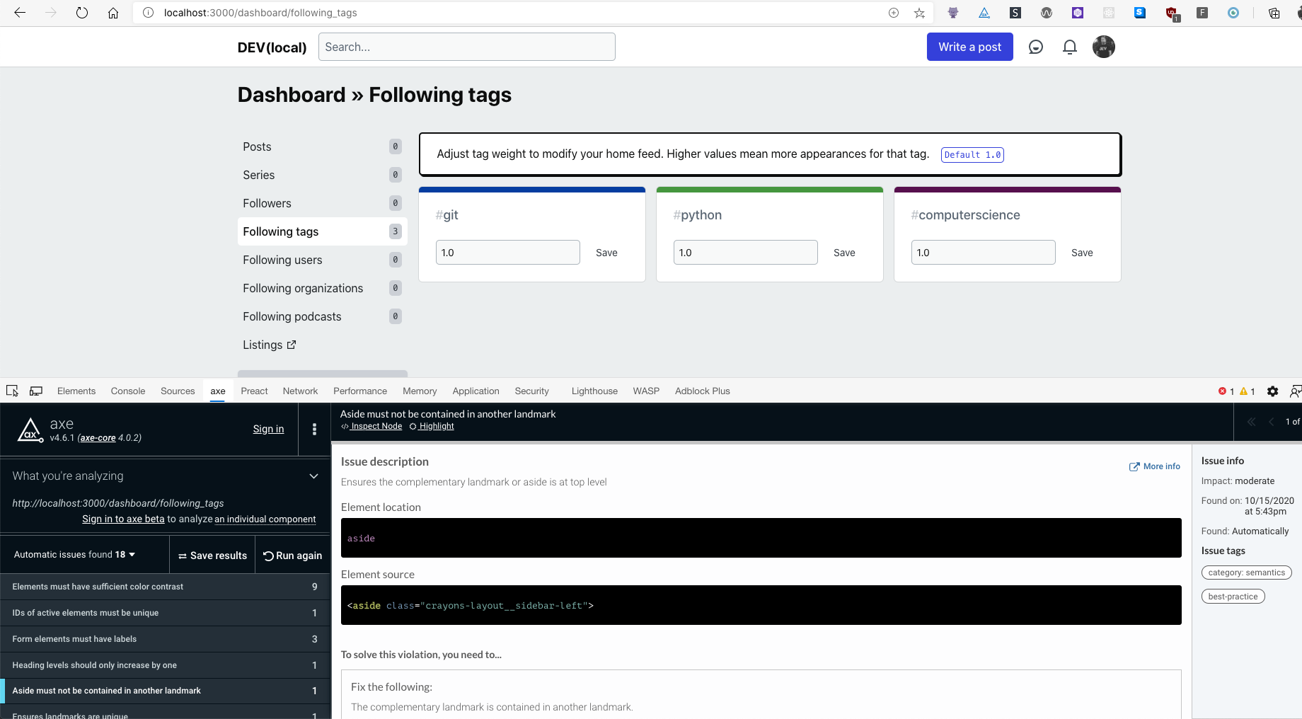 landmark is nested in landmark on the dashboard page · Issue #10873 · forem/forem · GitHub