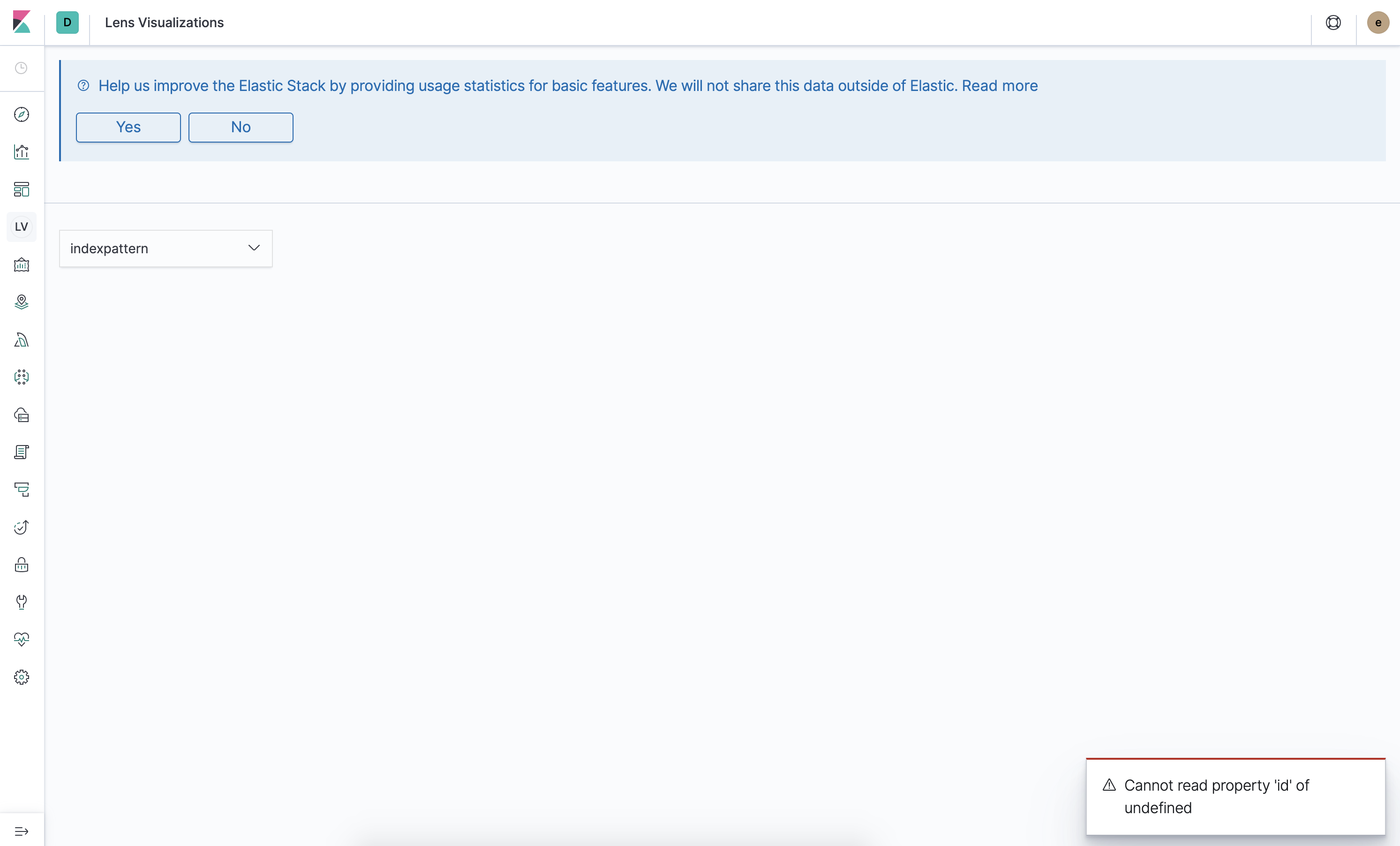 [lens] Lens throws an error (toast message) and displays a blank screen in fresh Kibana ...