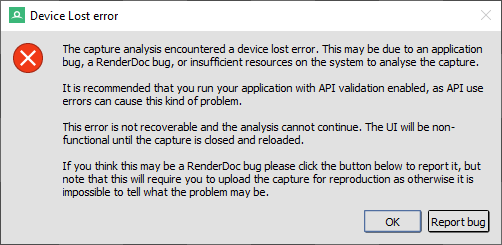 RenderDoc crashes without a chance for recovery if the GPU driver is disabled in device manager ...