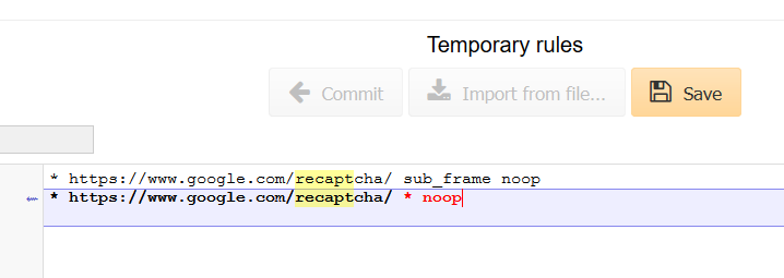`* https://www.google.com/recaptcha/ * noop` is coloured in red and uBlock won't let me save it ...