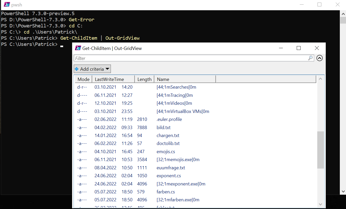Get-ChildItem in Out-GridView with ANSI Escape sequences :-( · Issue #17636 · PowerShell ...