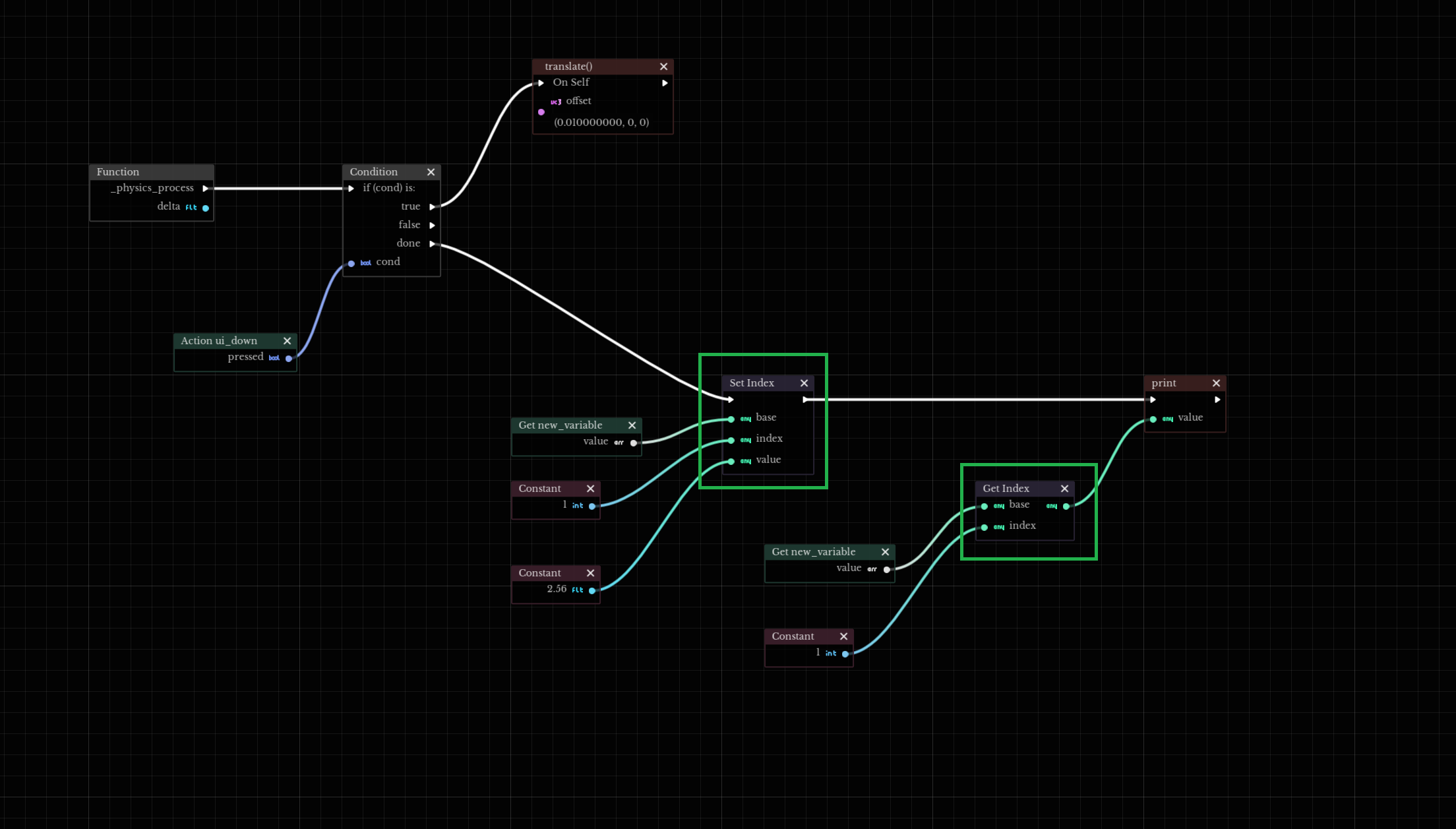 Update the Get Index and, Set Index Visual script nodes to have a write number for the Index ...