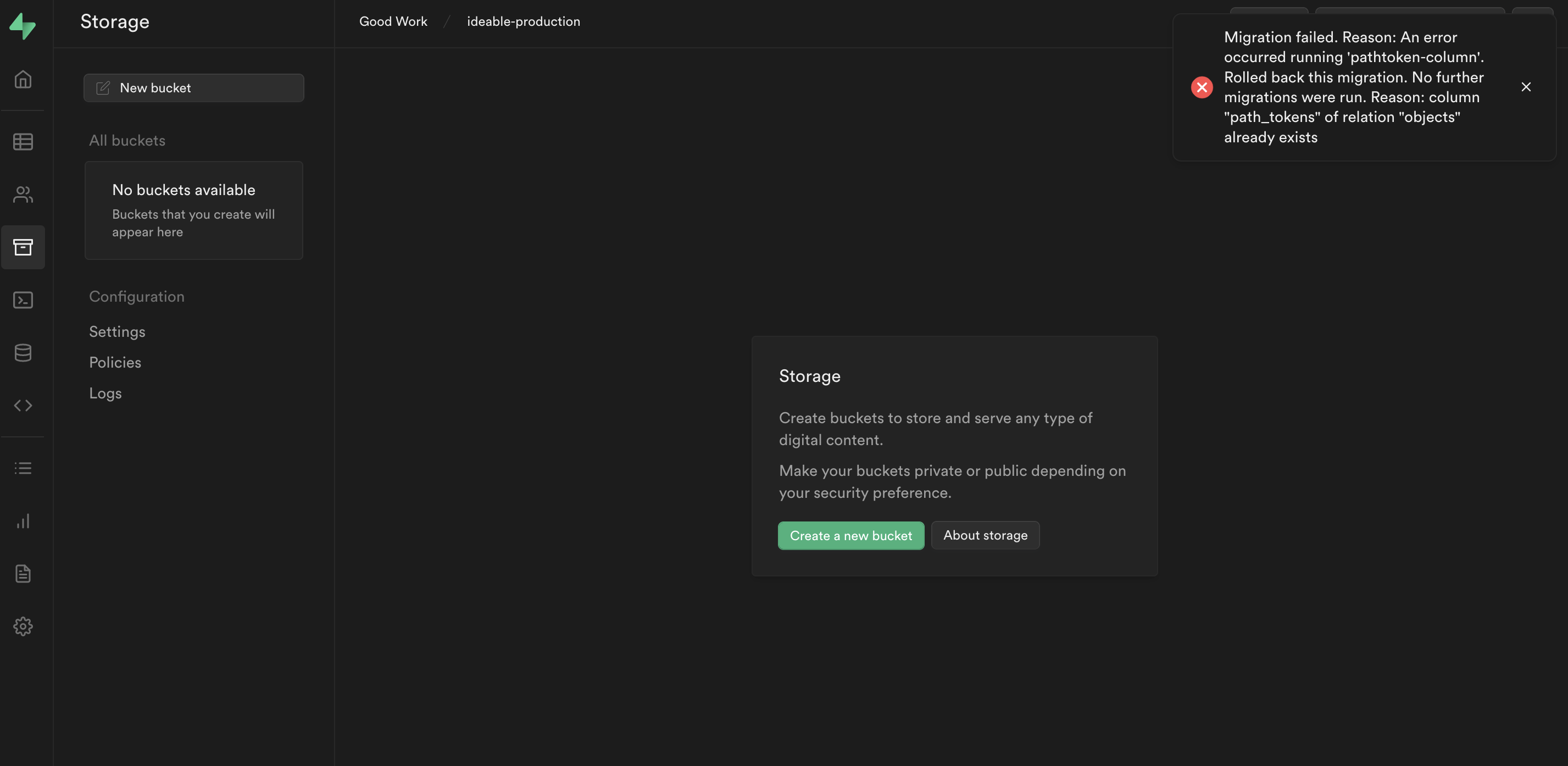 Viewing Storage in Studio UI results in migrations error: `column "path_tokens" of relation ...