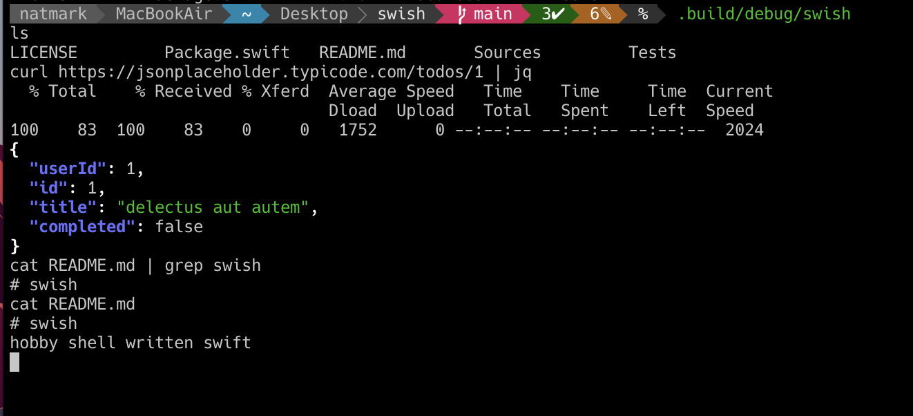 GitHub - natmark/swish: hobby shell written swift