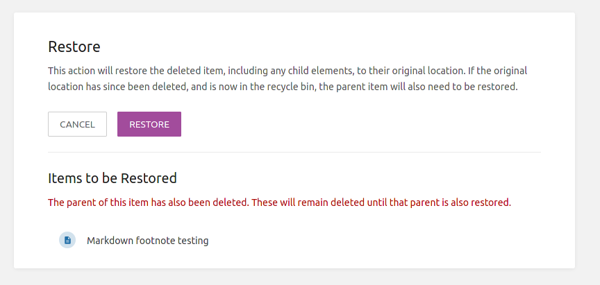 Restore from recycle bin failed · Issue #2644 · BookStackApp/BookStack · GitHub