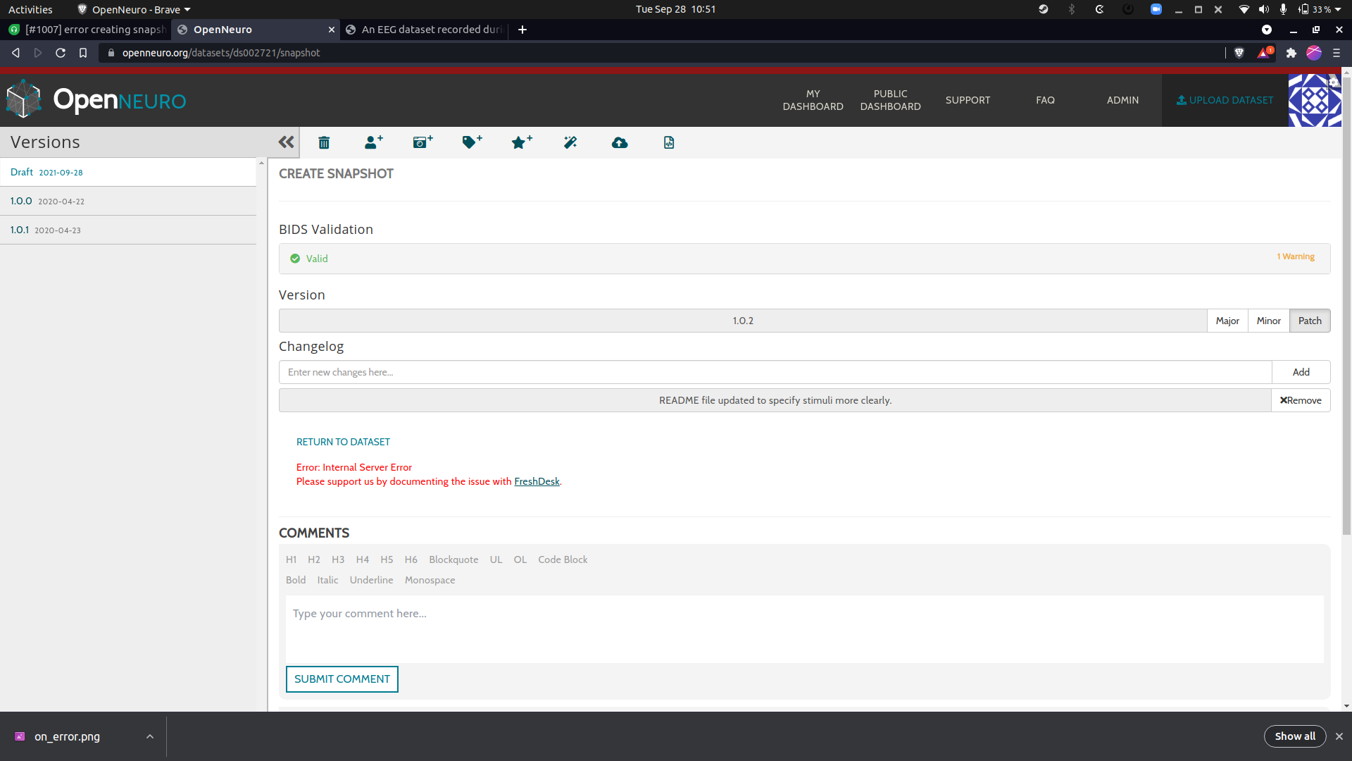 Internal server error on snapshot · Issue #2370 · OpenNeuroOrg/openneuro · GitHub